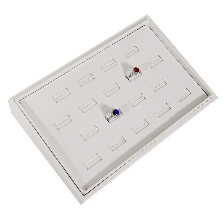 White Faux Leather 18 Slot Ring Jewelry Display Holder Showcase Slanted ...